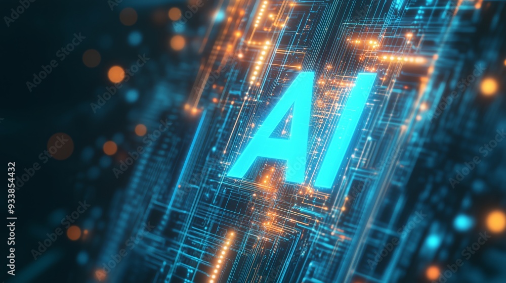 Glowing AI logo in a futuristic digital landscape with neon lights and ...