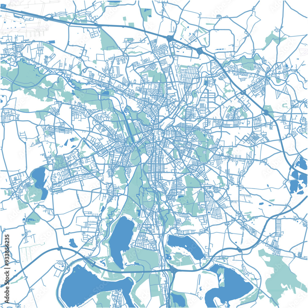 Map of Leipzig in Germany in blue. Contains layered vector with roads ...