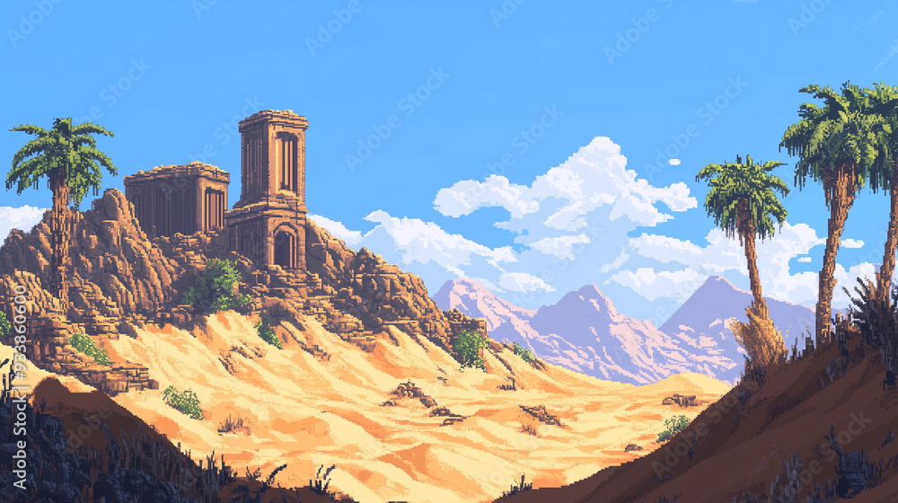 A pixel art oasis that appears and disappears with shifting sands ...