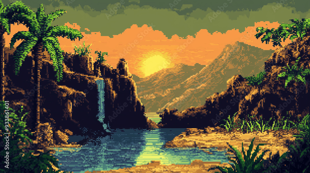A pixelated oasis that gradually shifts from a vibrant green to a dry ...