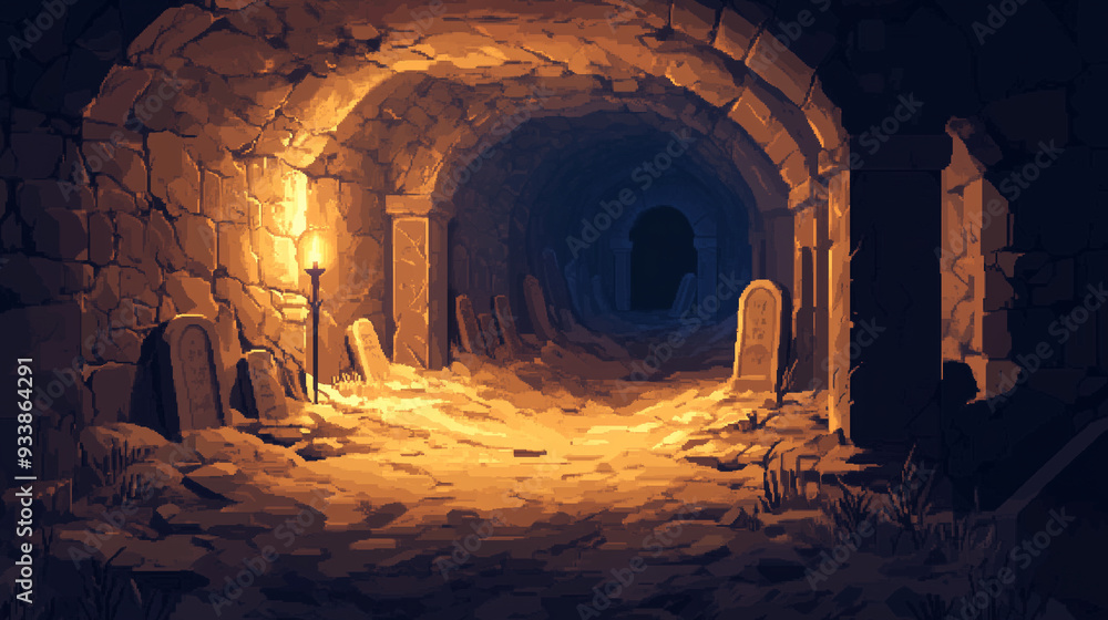 A vast underground chamber filled with ancient tombs, partially buried ...