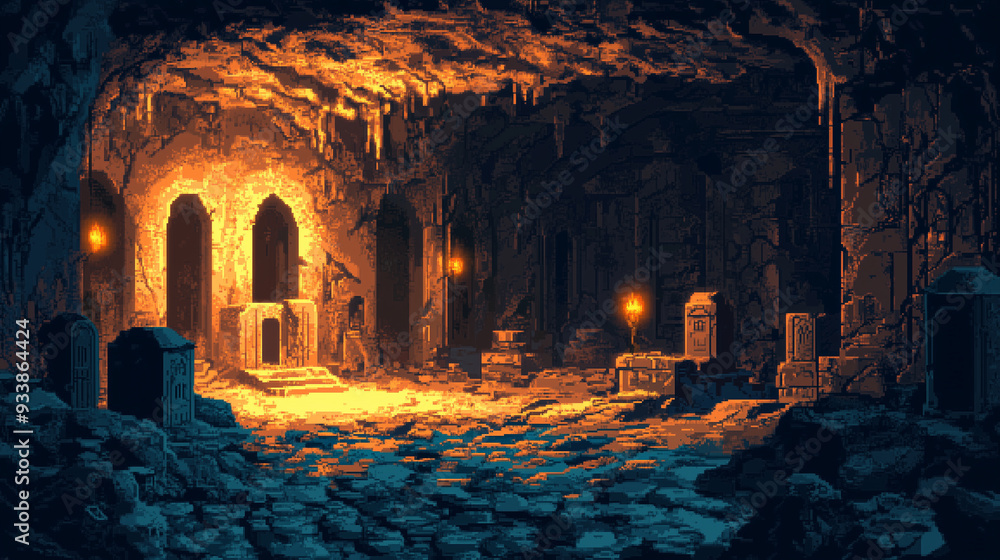 A vast underground chamber filled with ancient tombs, partially buried ...