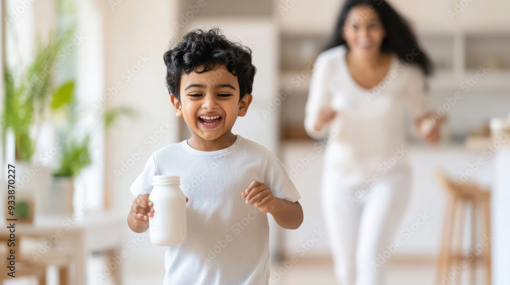 little boy holding glass of milk and running his mother running behind ...