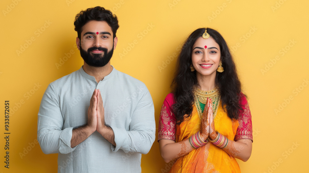 indian couple in traditional wear doing namaste Stock Photo | Adobe Stock