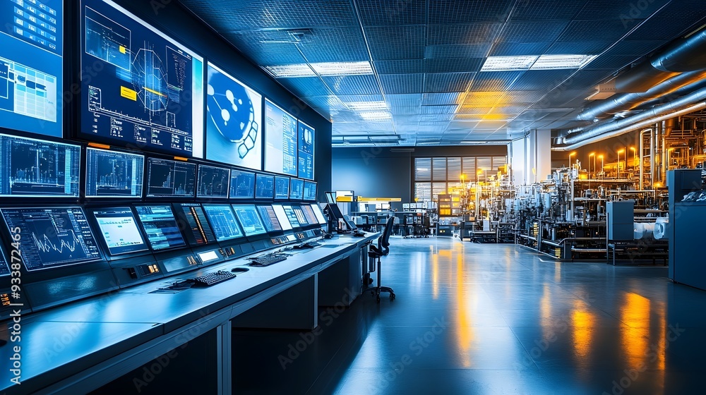 A high tech control room where engineers are closely monitoring and ...