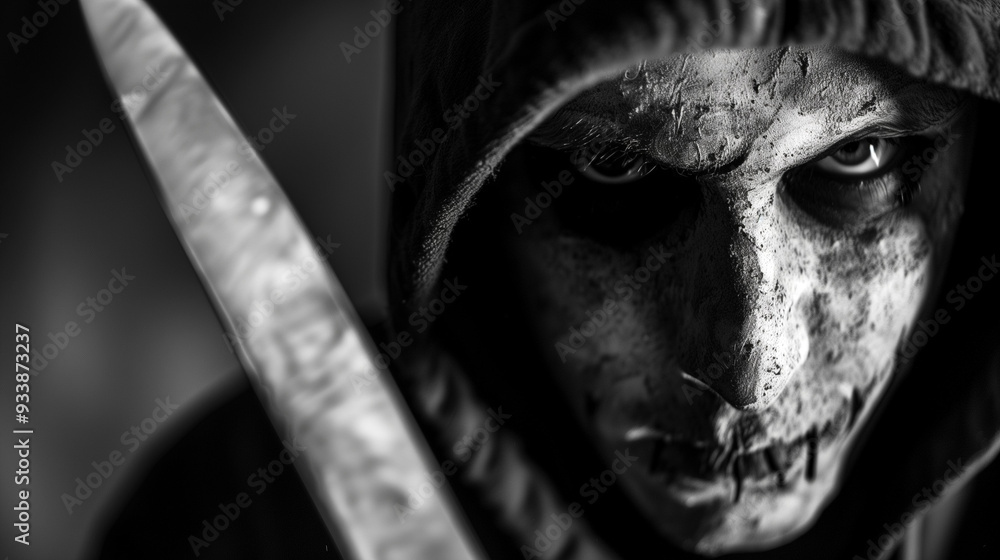 Close-up of a menacing face of a serial killer or criminal with intense ...