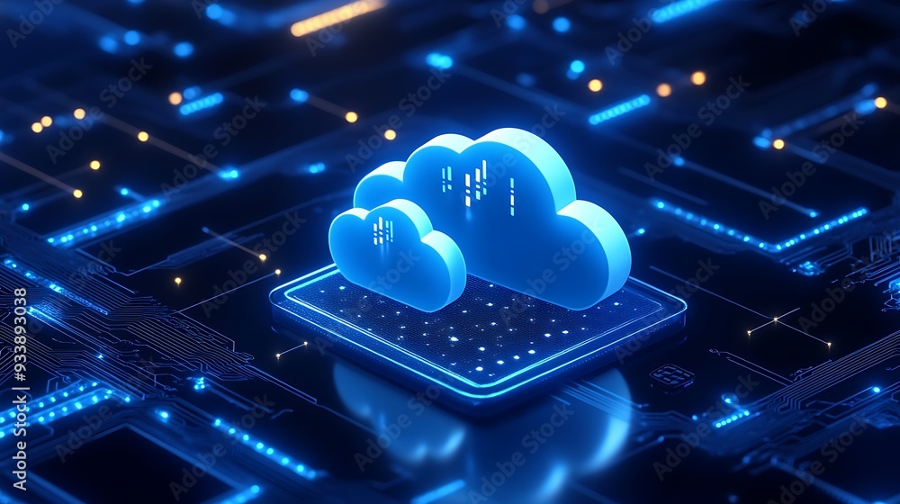 Futuristic cloud computing technology concept with blue neon lights and ...