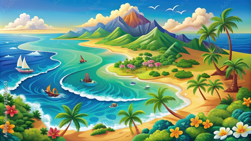 Vibrant illustration of the Hawaiian Islands, featuring colorful ...