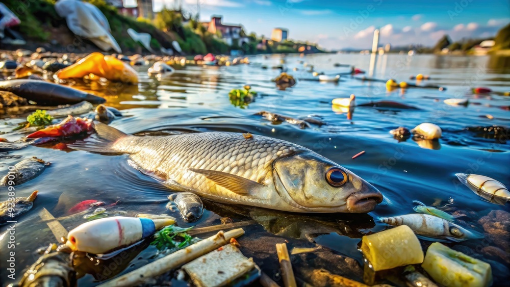 Dead fish float on the surface of a polluted river, surrounded by ...