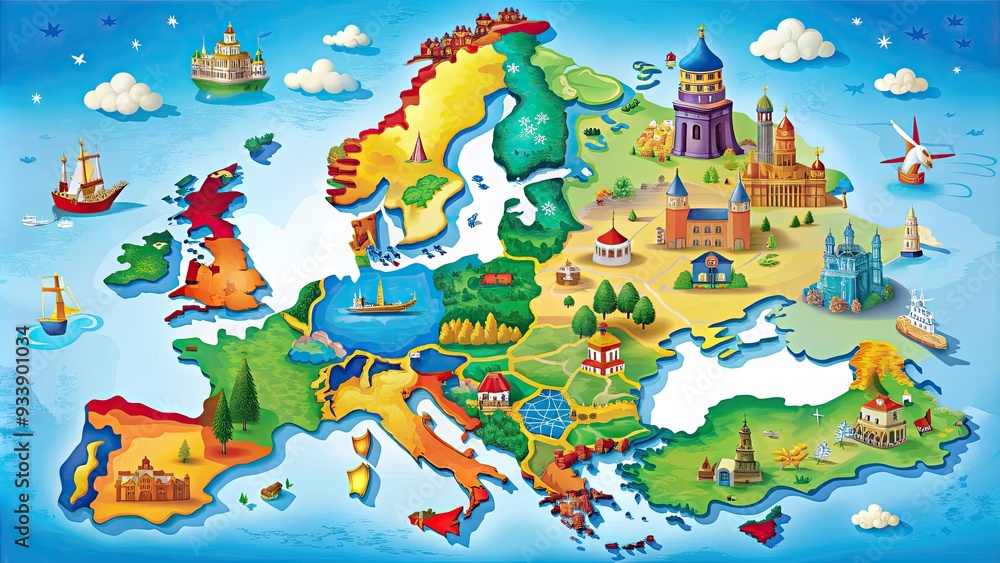 Vibrant map of Europe featuring individual country boundaries, iconic ...