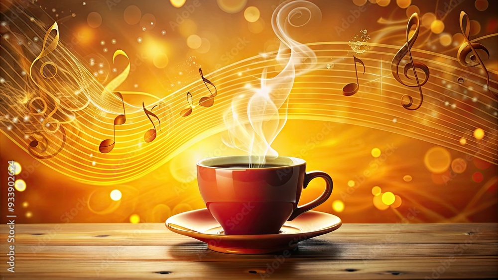 Vibrant morning scene with a steaming cup of coffee surrounded by ...