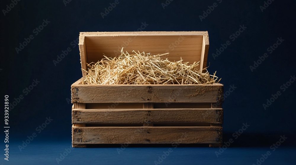 An open wooden crate box filled with straw, placed on an isolated navy ...