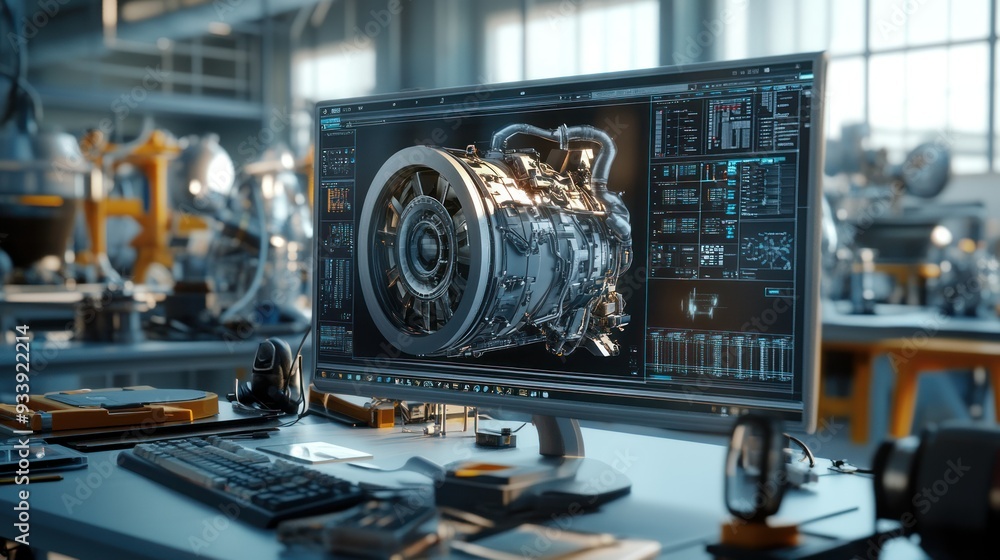Computer Screen Displaying a Detailed 3D Model of a Jet Engine in an ...