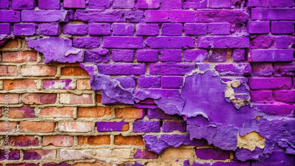 Vibrant purple paint peels off a distressed brick wall, revealing worn ...