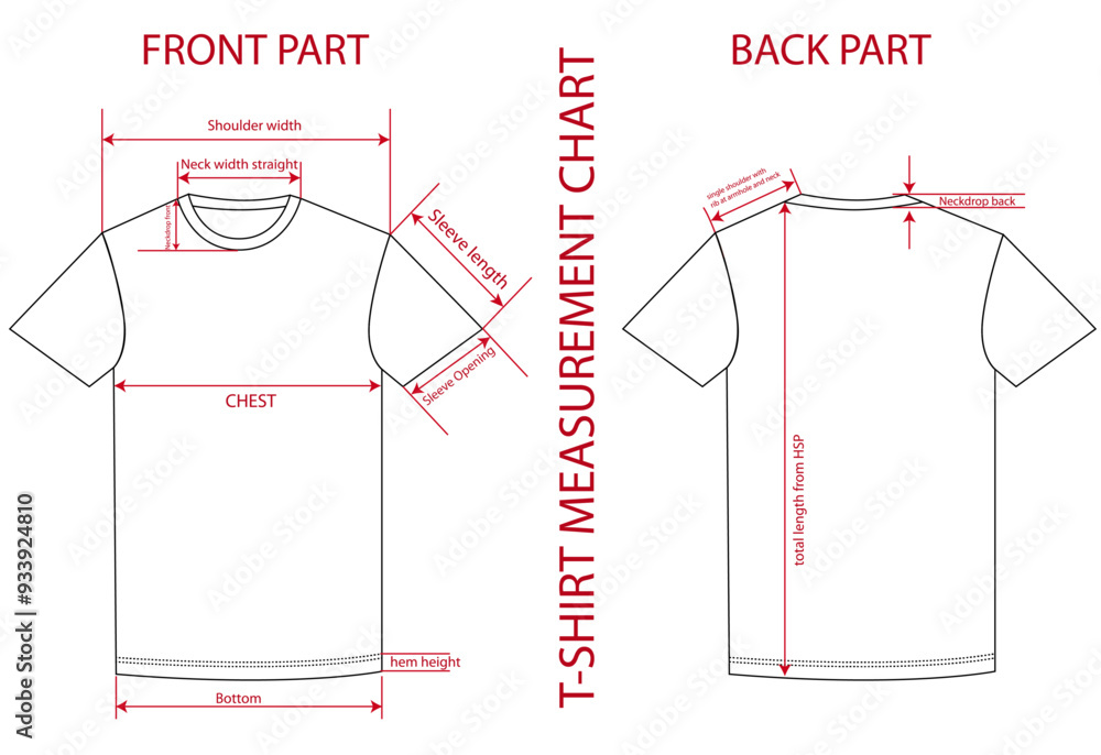 T-shirt measurement chart for CAD. T-shirt back & front details ...