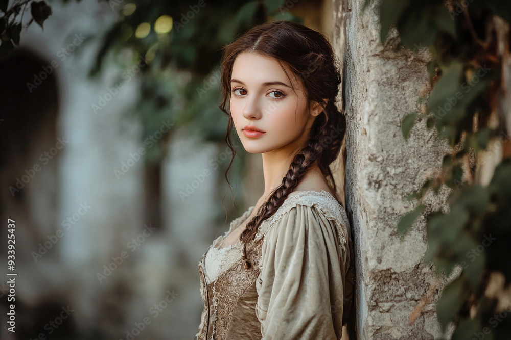 A beautiful young medieval woman in period attire, posing gracefully in ...