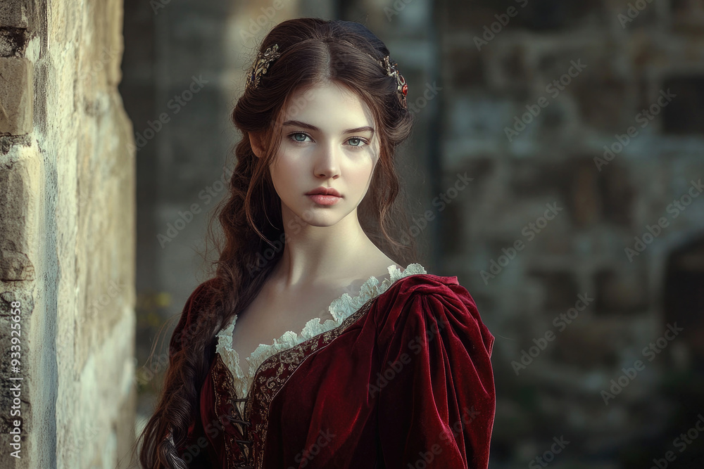 A beautiful young medieval woman in period attire, posing gracefully in ...