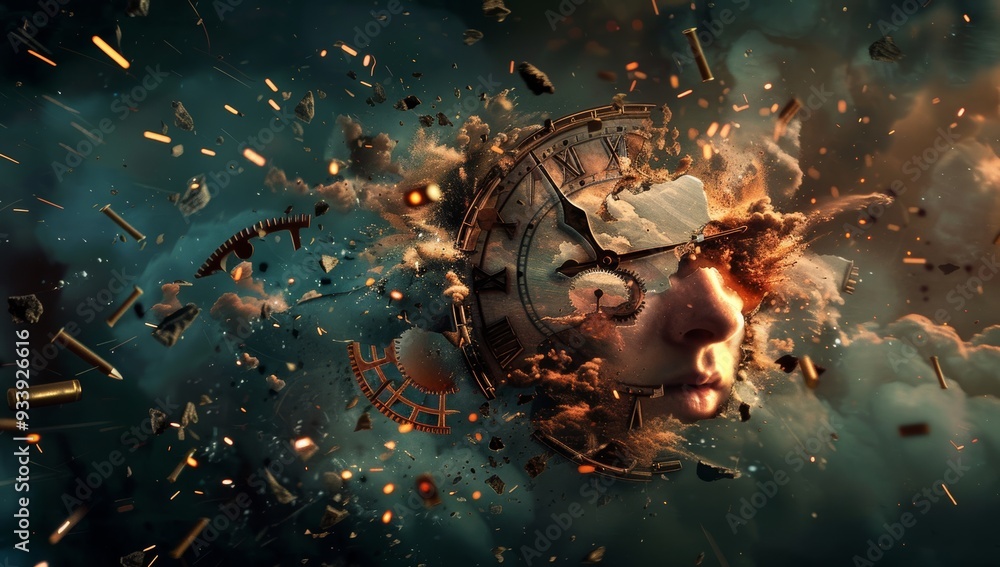 The urgency of time running out is vividly portrayed as the clock explodes, shattering into ...