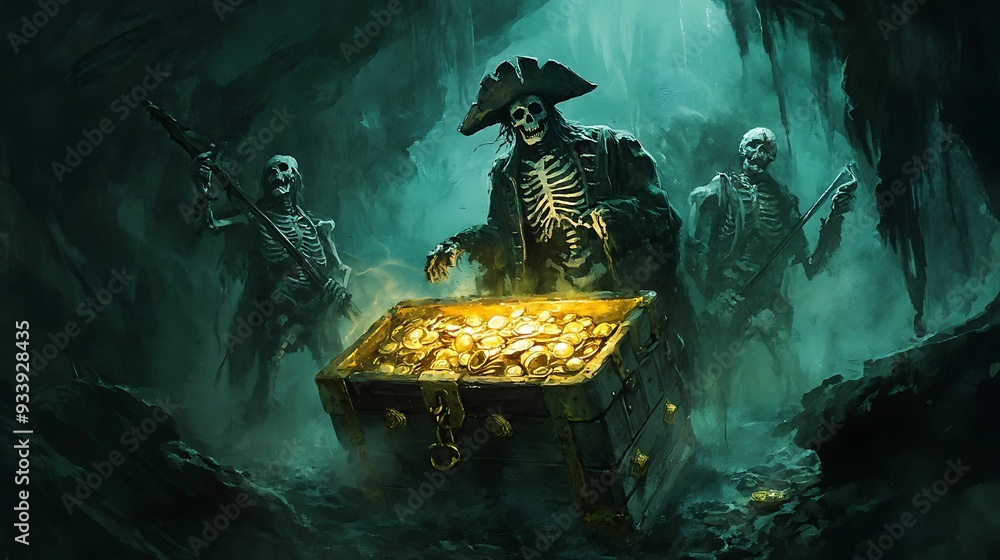 Eerie scene of skeleton pirates protecting a glowing treasure chest in ...