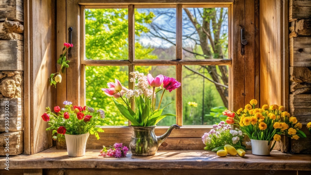 Vibrant spring blooms and lush greenery fill the sill of a rustic ...