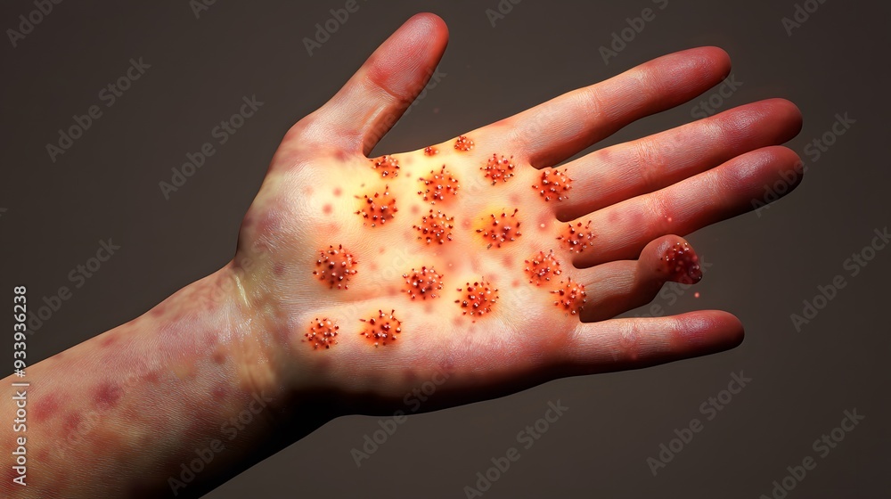 Human hand with a visual representation of a viral infection ...