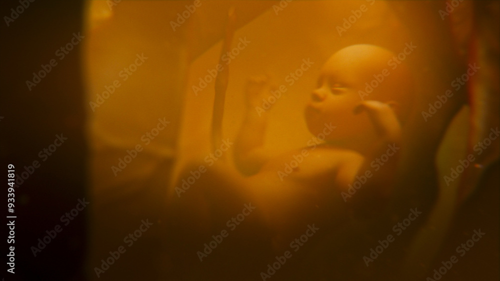 3D animated graphics of baby developing in mother womb and amniotic ...