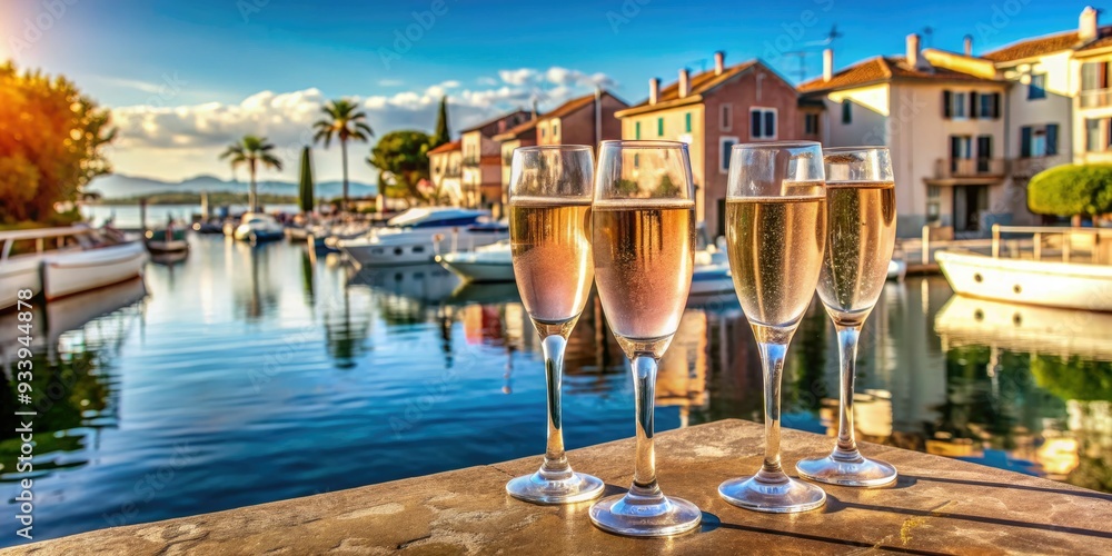 Elegant champagne flutes overflow with bubbly French brut rosé, set ...