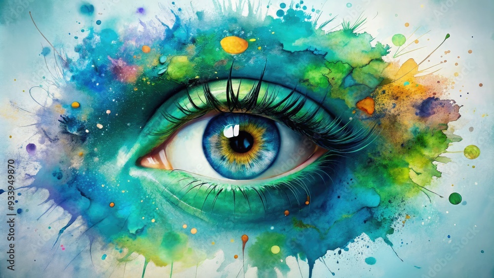 Vibrant watercolor splashes surround a mesmerizing human eye, with ...