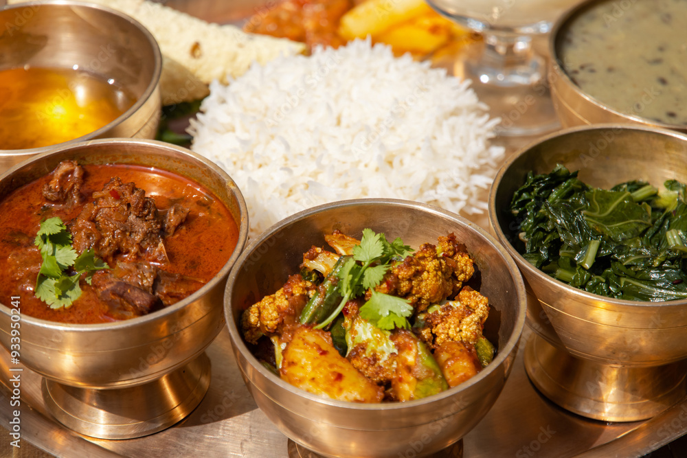 Nepali Meal of Daal Bhaat Tarkari Thakali Thali Meat Rice vegetables ...