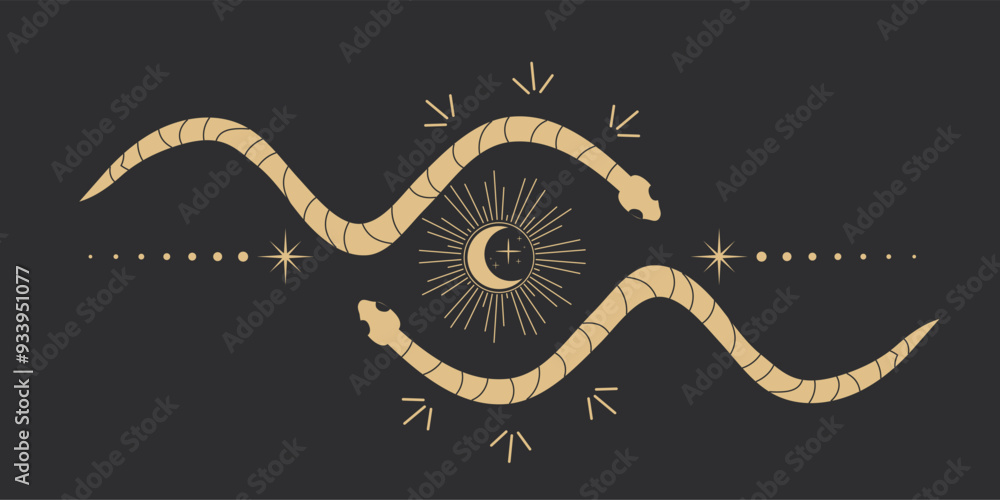 Celestial serpent snake circle frame, esoteric tarot or tattoo mystery ...