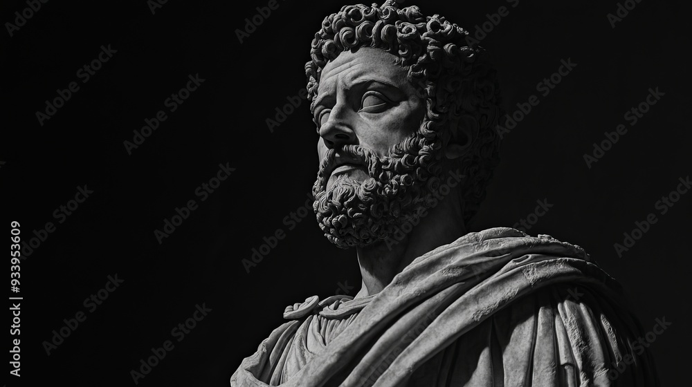 Ancient Roman statue of a bearded figure draped in a toga under soft ...