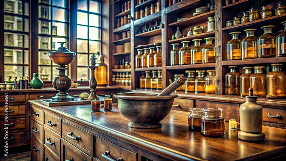 Vintage apothecary jars line wooden shelves above a traditional ...