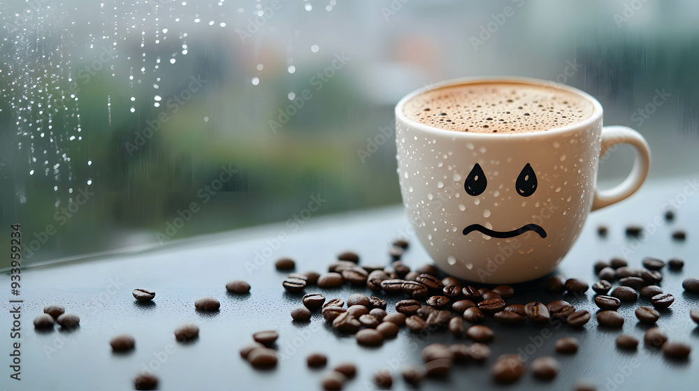 A cup of coffee with a sad face emoji on top surrounded by coffee beans ...