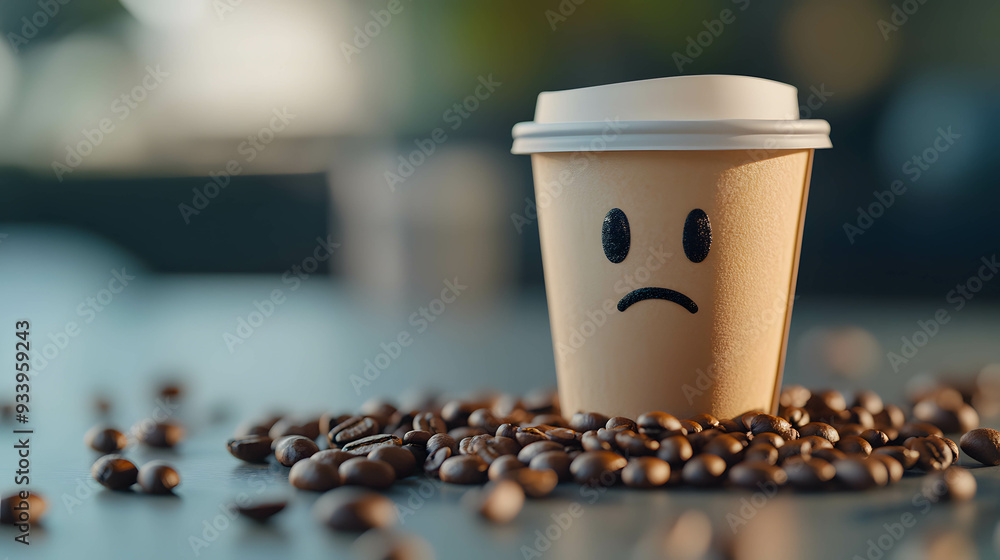 A cup of coffee with a sad face emoji on top surrounded by coffee beans ...