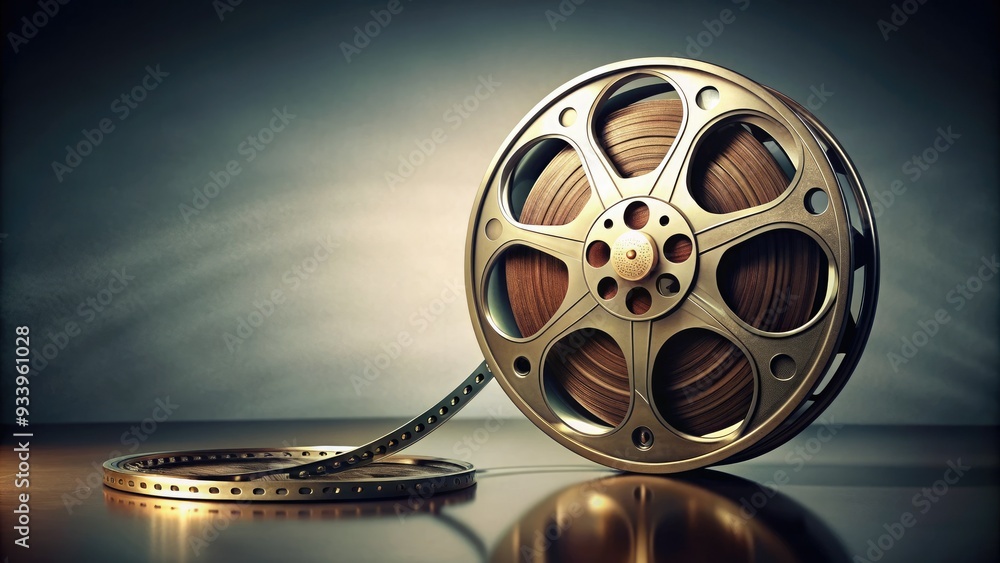 Vintage-style film reel unspools against a muted, grayscale background ...