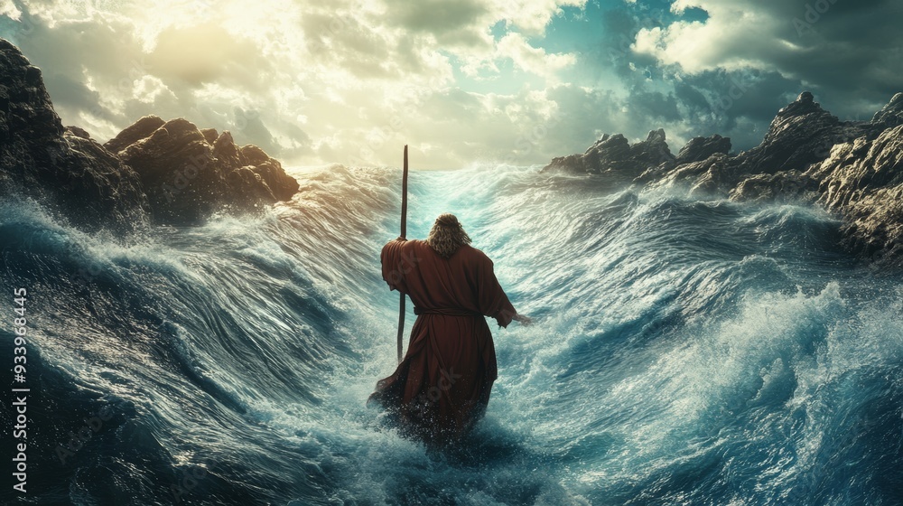 Moses parting the Red Sea, with towering walls of water on either side ...