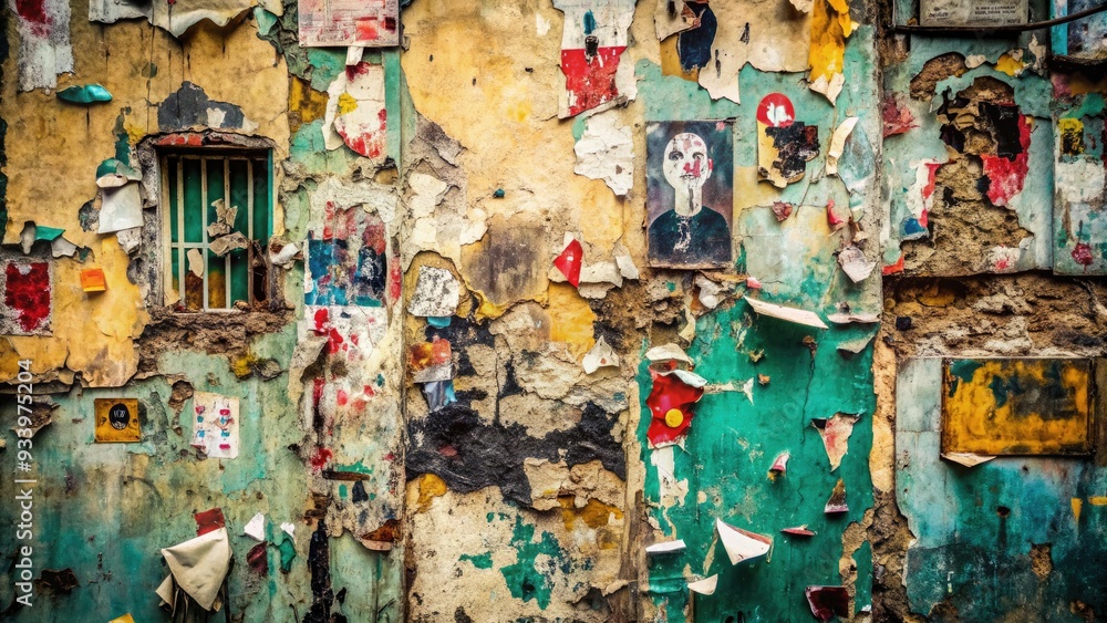Faded, peeling paint and torn stickers adorn a worn, brick-textured ...
