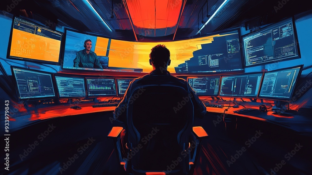 A cybersecurity analyst monitors multiple screens displaying real-time data and analytics in a ...