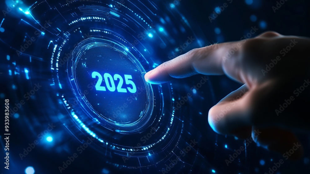 Finger is pressing the button where is written 2025, blue digital ...