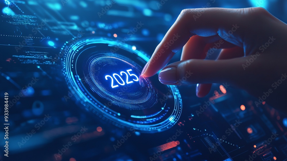 Finger is pressing the button where is written 2025, blue digital ...