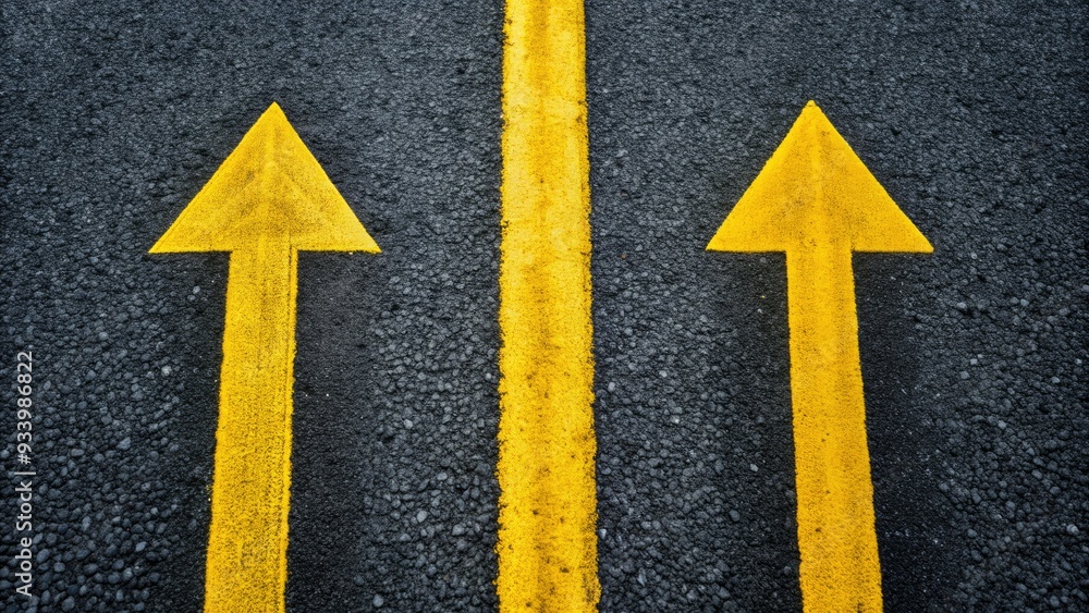 Yellow and black one way arrows on asphalt road directing traffic in a ...