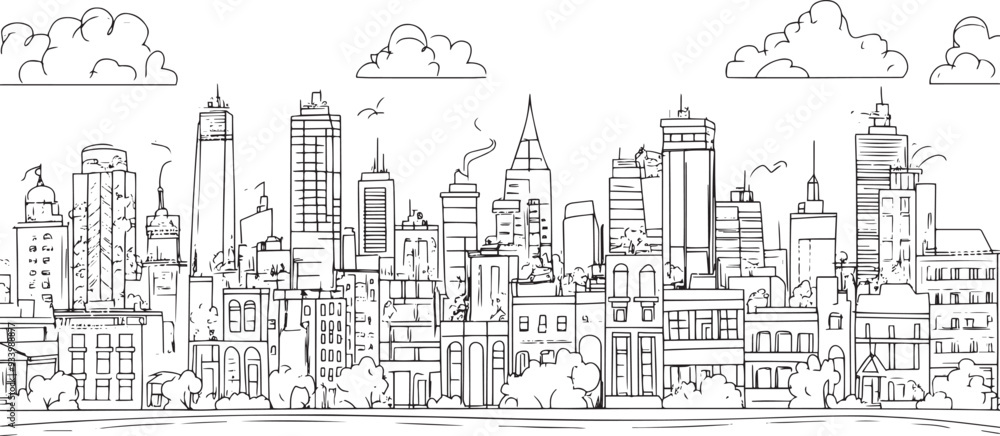 City landscape. Line urban backdrop. Skyline with clouds, different ...