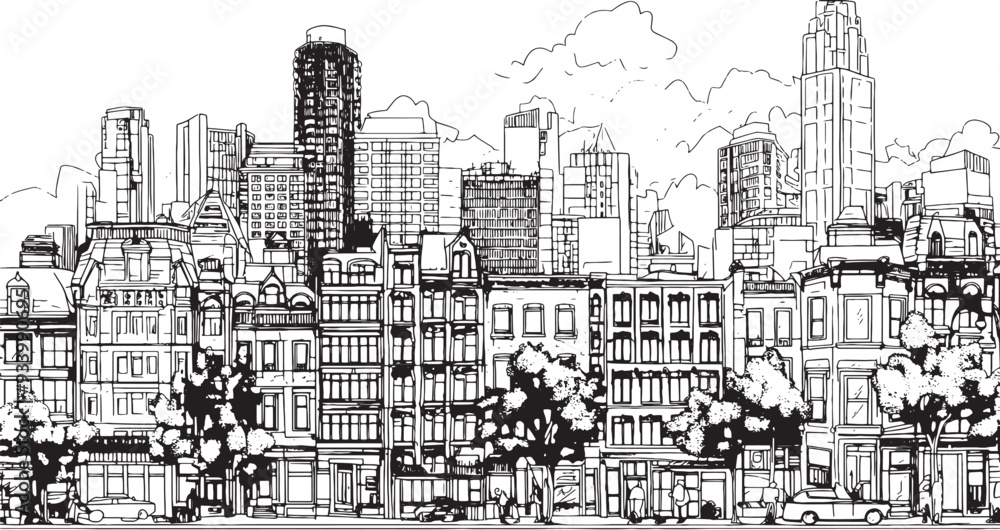 City landscape. Line urban backdrop. Skyline with clouds, different ...