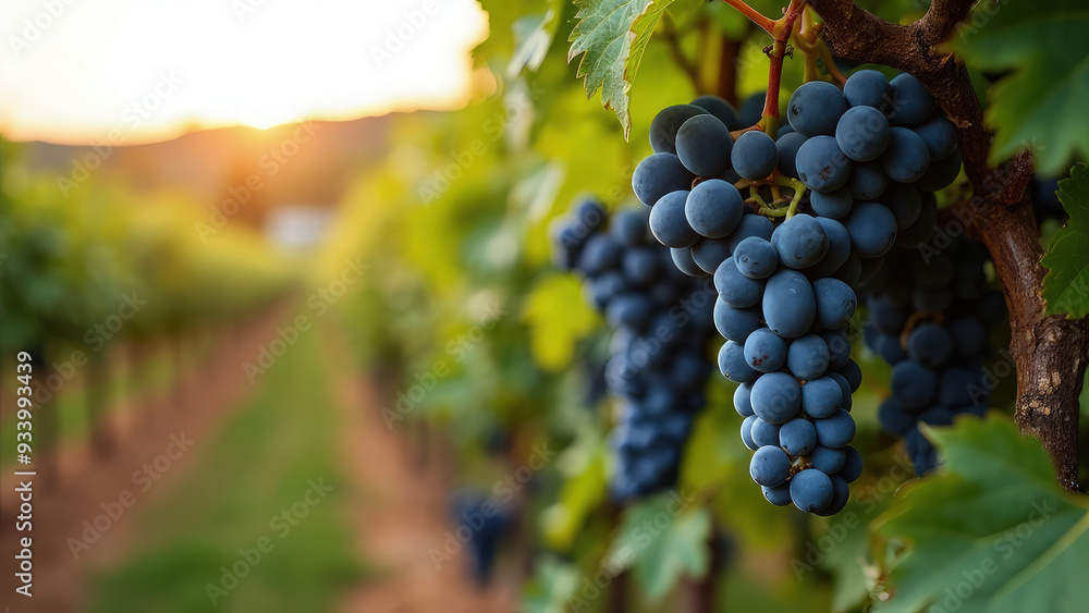 Realistic photograph of a fruit farm with rows of grapevines, a close ...