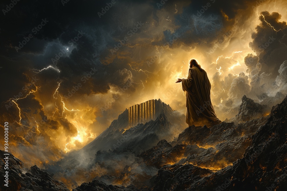 Divine Authority: Moses Receives the Ten Commandments Amidst Storm and ...