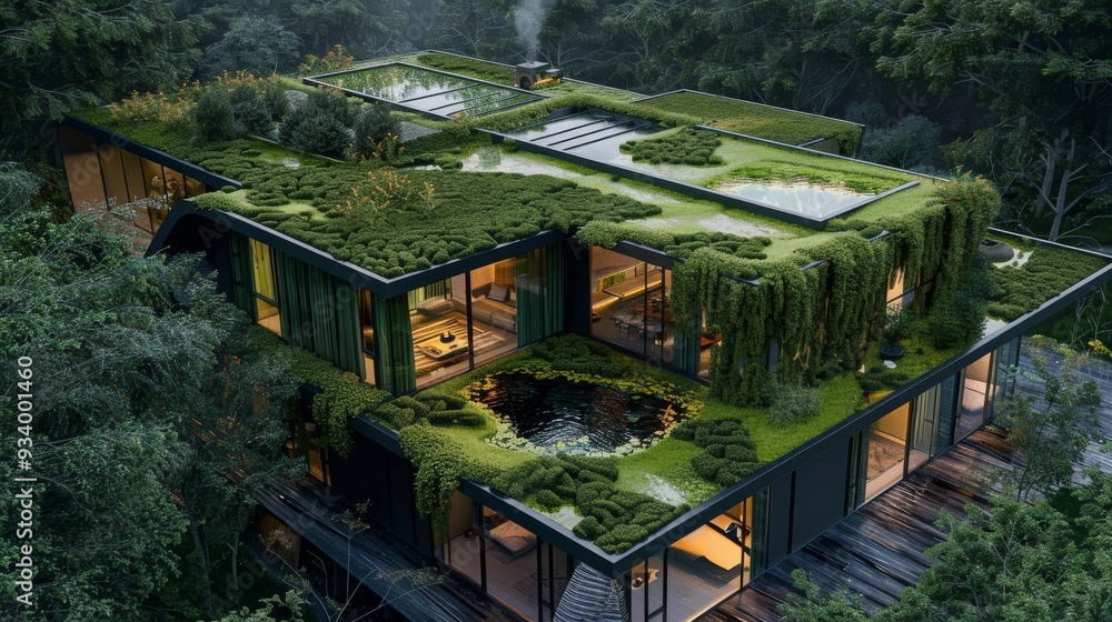 An eco-friendly house with a green roof and a unique rainwater ...