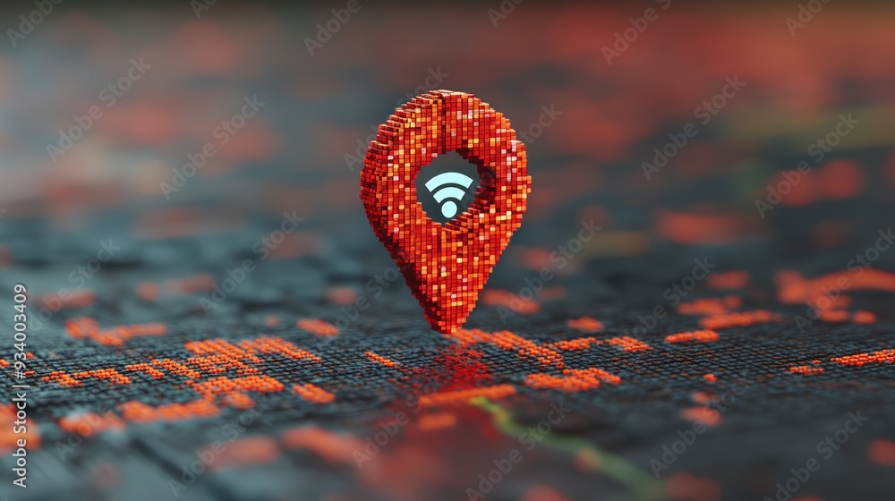 A stylized, pixelated map pin icon in bright red, floating above a ...