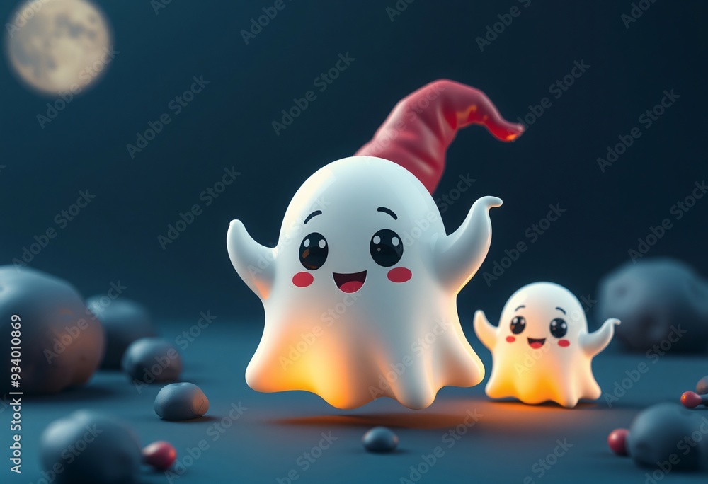 Two cute cartoon ghosts with red hats, one with a large glowing body ...