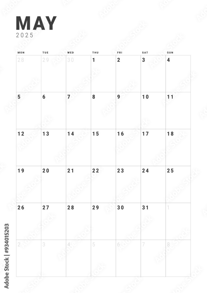 Template design of Monthly Calendar on May 2025. Vector layout grid of ...