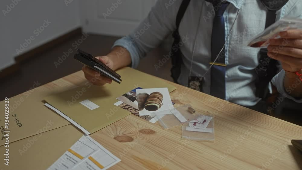 A hispanic detective examines evidence at the police station desk, with ...